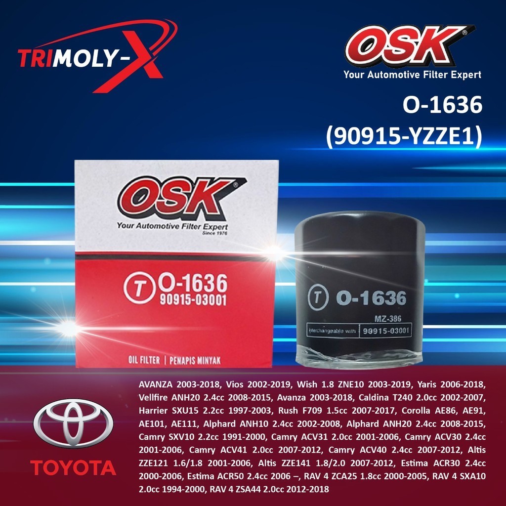 TRIMOLY-X TRIMOLYX OSK O-1636 YZZE1 OIL FILTER - AVANZA WISH VIOS ...