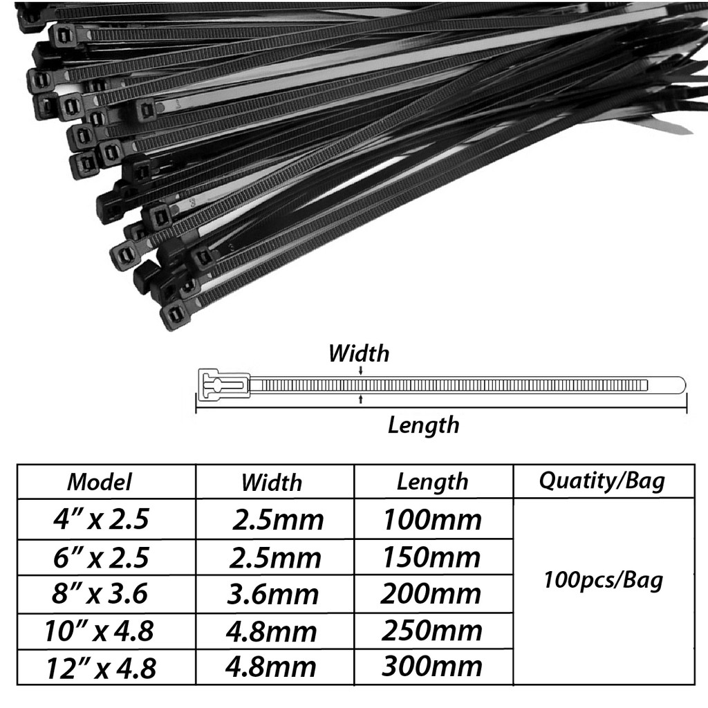 4" 6" 8" 10" 12" 100pcs Black Cable Tie Heavy Duty Electrical Tool ...