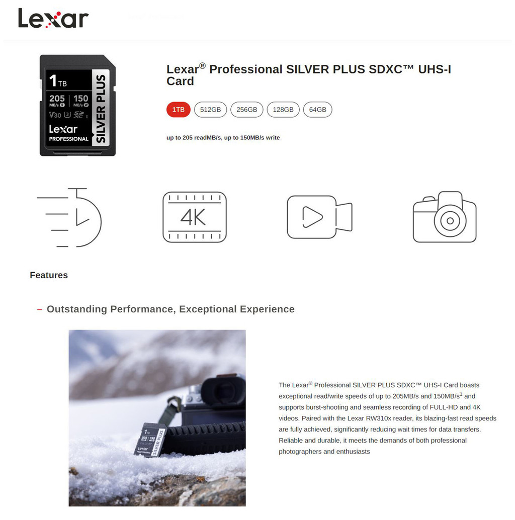 Lexar SILVER PLUS SD Card 64GB / 128GB / 256GB 4K V30 SILVER PLUS UHS-I ...