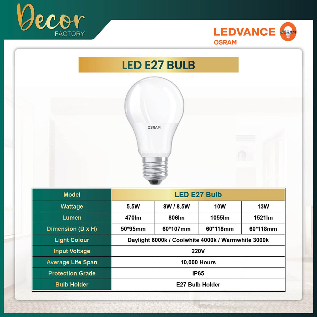 OSRAM [SET 10pcs] OSRAM LED Bulb E27 OSRAM LED Bulb 5.5W / 8W / 8.5W / 10W / 13W A60 A70 Energy ...