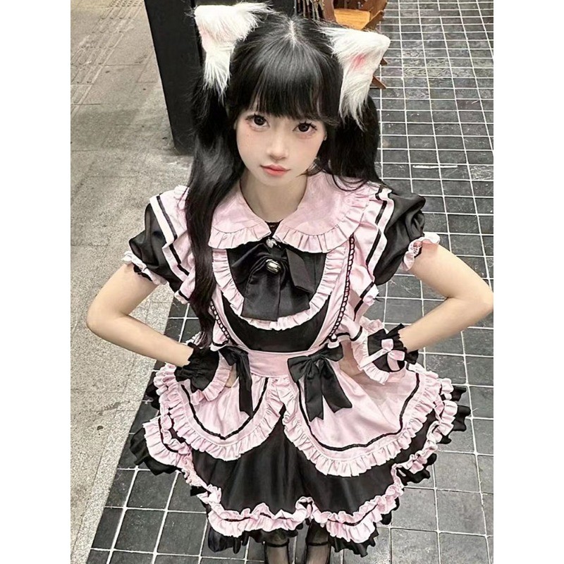 Summer Women's Cute Sweet Cat Maid Dress Black Pink Cosplay Lolita ...