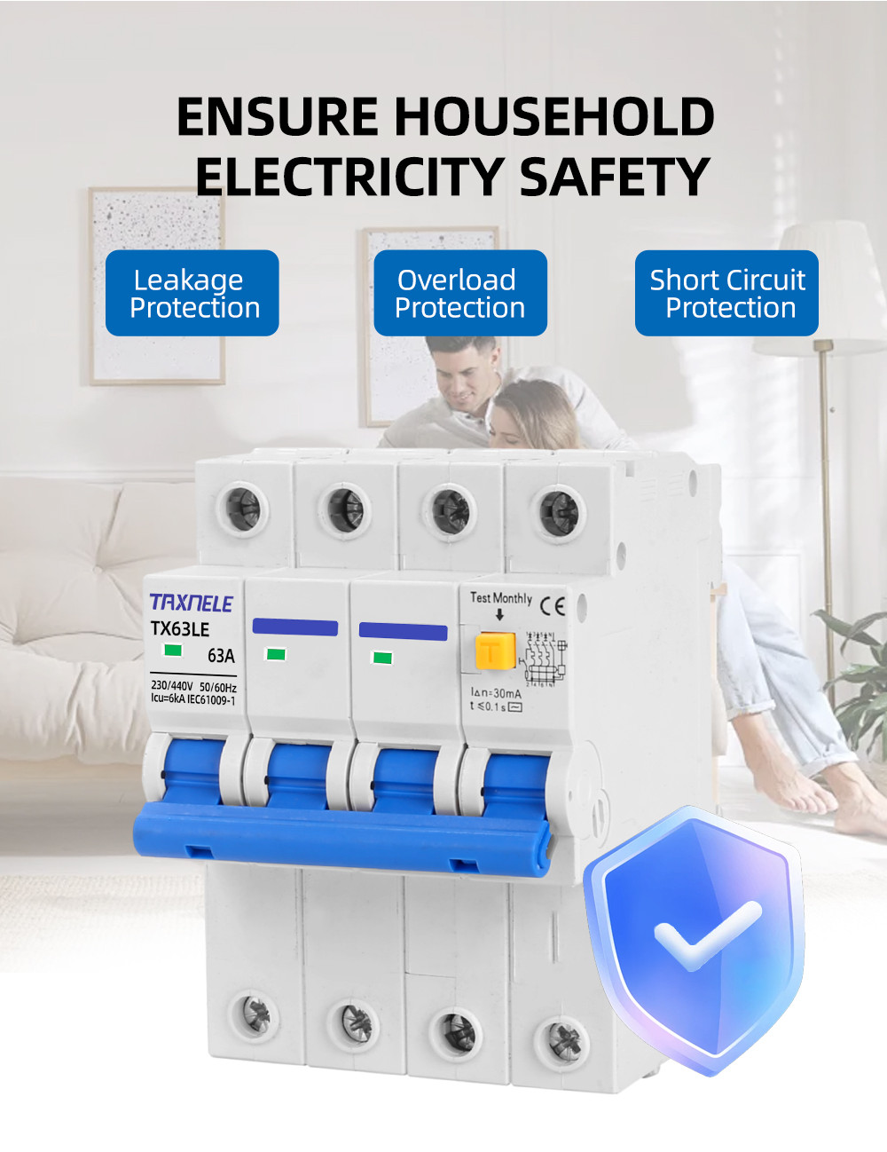 RCBO 63A 380V 4P Residual Current Circuit Breaker MCB 30mA Overload ...