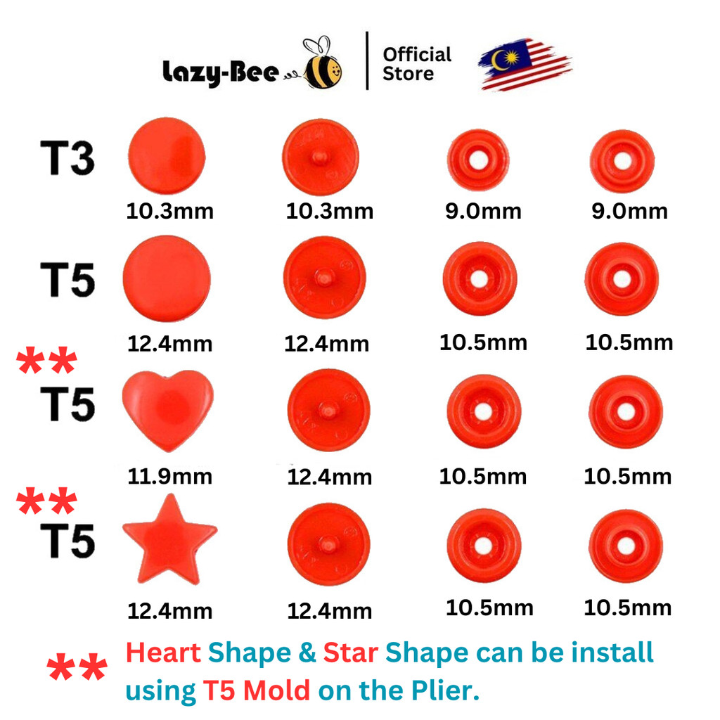 LAZY BEE 50 Sets 200 pieces T5 Heart Shape KAM Snap Button Plastic ...