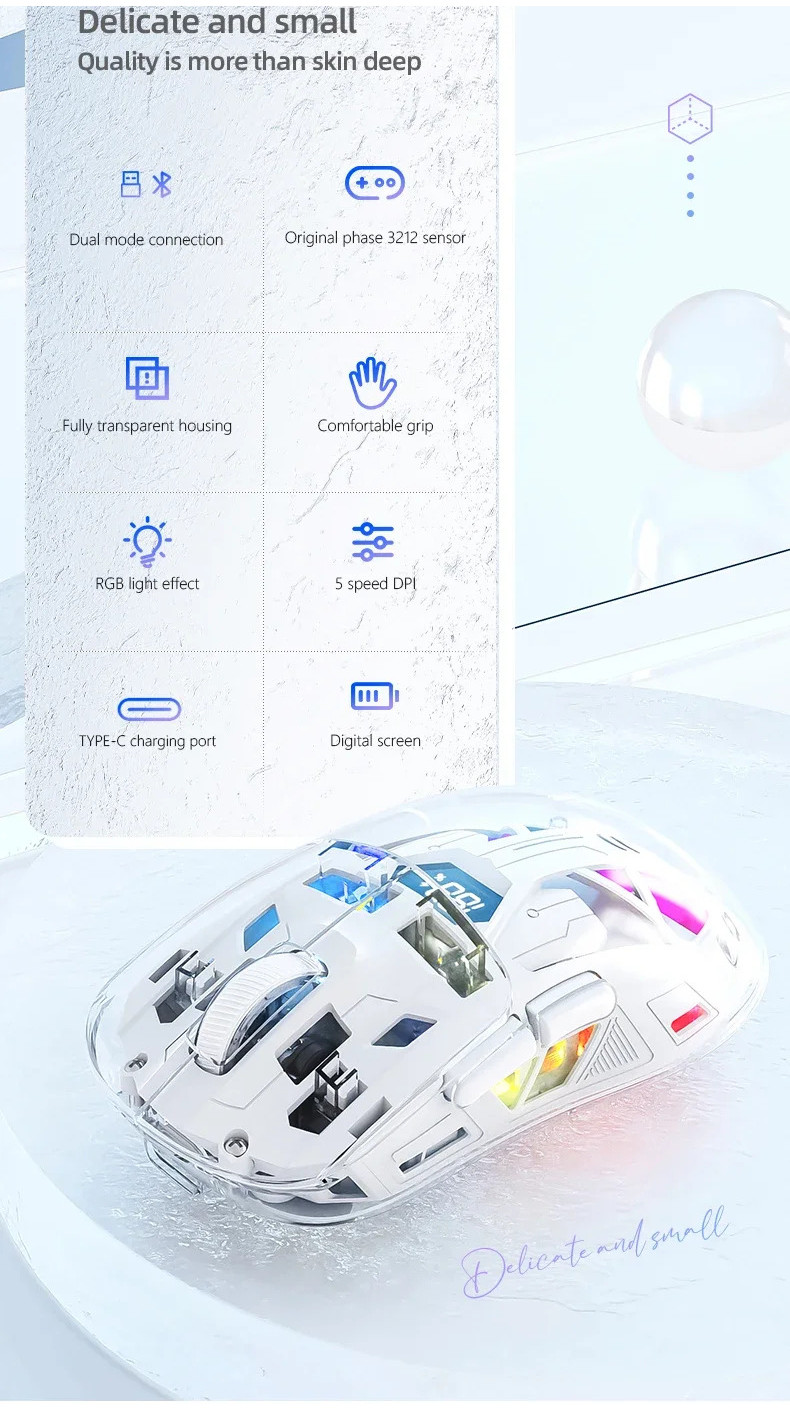 Ziyoulang A2 Wireless Bluetooth Dual Mode Transparent Mouse PAW3212 4000pdi Esports Gaming Mouse ...