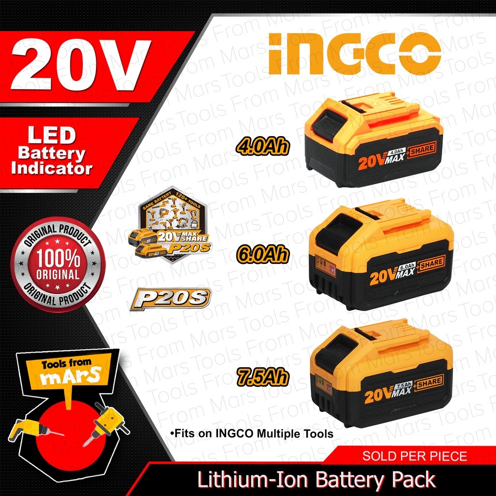 INGCO Lithium-Ion Battery Pack 20V 4.0Ah | 6.0Ah | 7.5Ah Power Tools ...