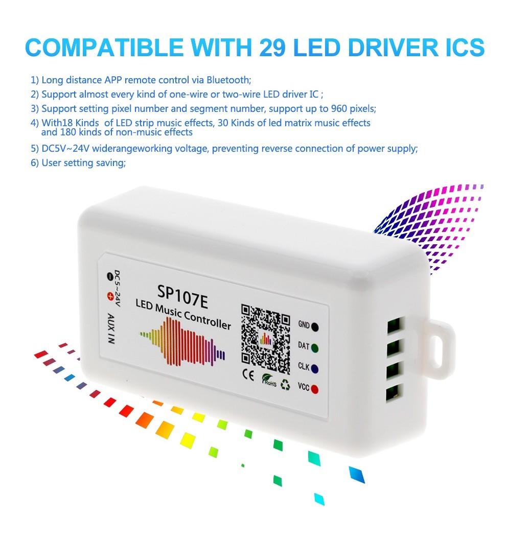 Xnbada SP107E DC5V-24V Bluetooth Music LED Controller full color RGB SPI Control by phone APP ...