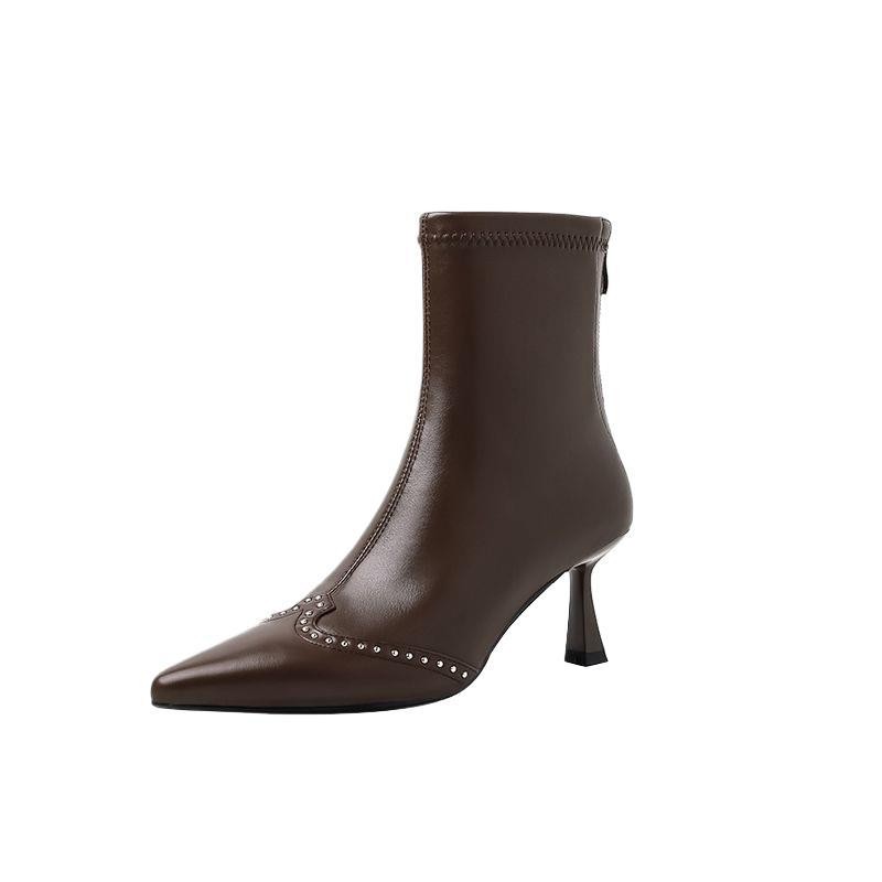 Heel Sleek High Rivet Slim Boots For Women With Resilient Rubber Sole ...