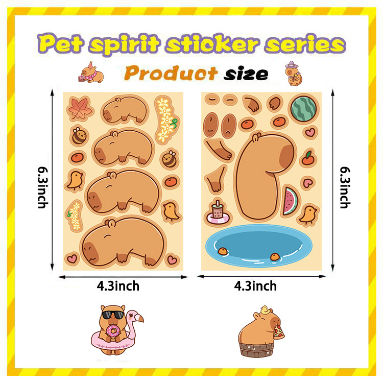 8 sheets Capybara Make a Face Stickers Cartoon DIY Waterproof Sticker ...