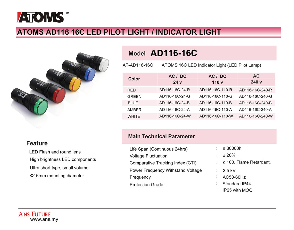 ATOMS AD116-16C 16mm LED Pilot Lamp Pilot Light Indicator Light Control ...