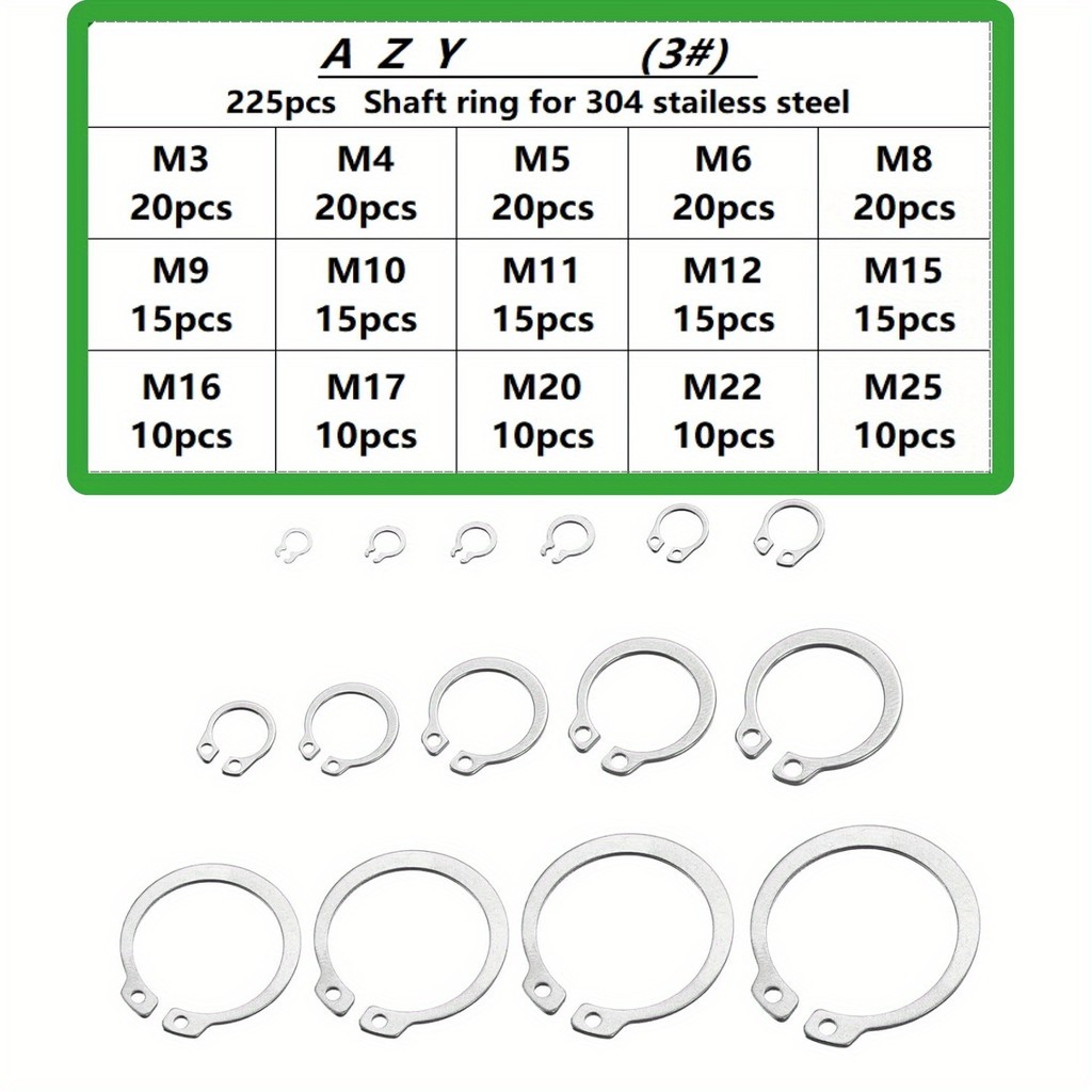 225 Pieces 304 Stainless Steel Shaft Elastic Retaining Ring 15 Sizes ...