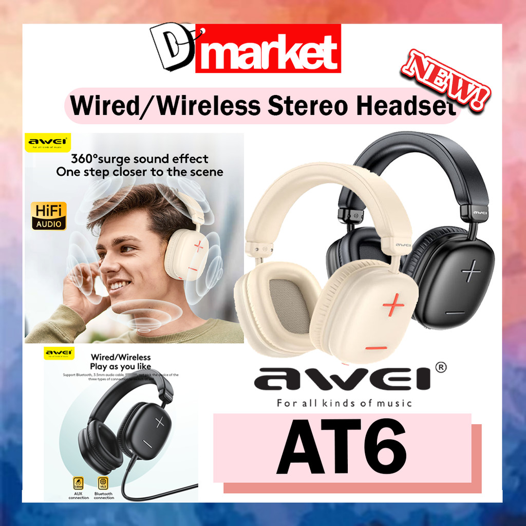 Awei AT6 Stereo Wireless Headset Sport Wired Headset Bluetooth Headset ...