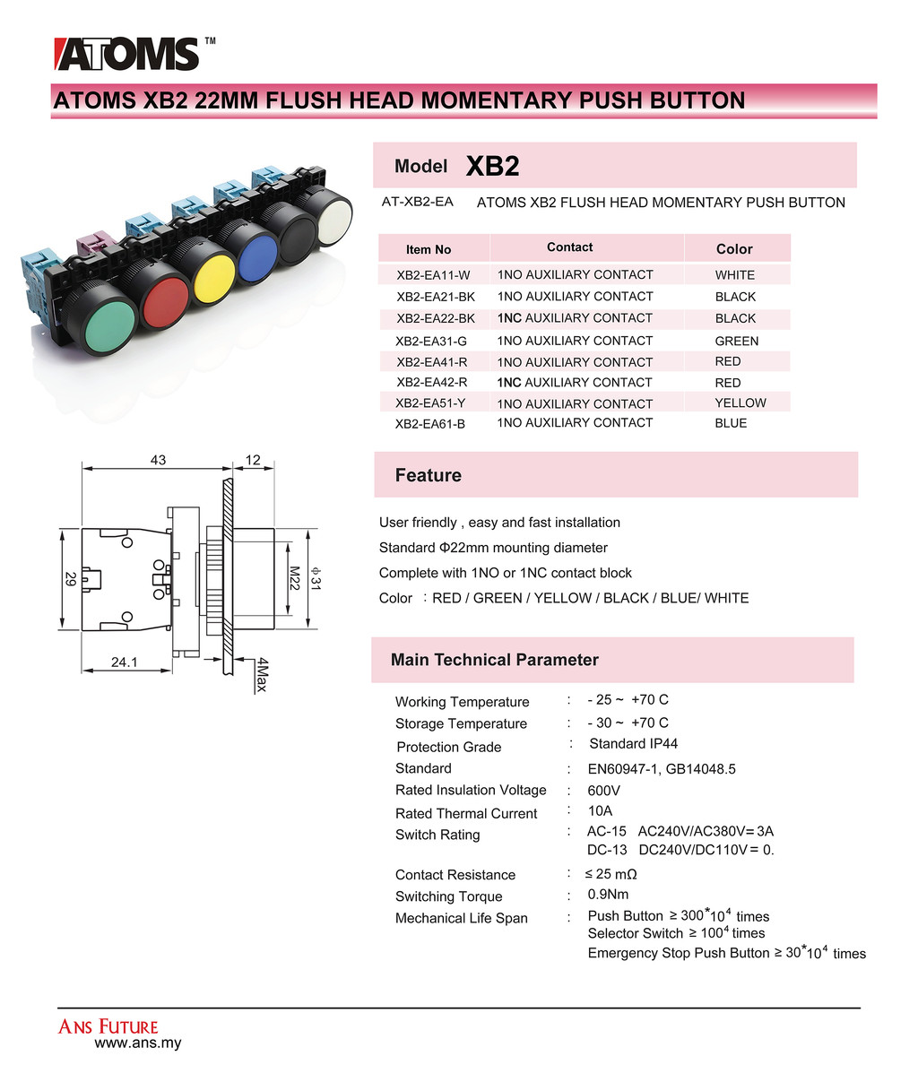 ATOMS 22mm Round Push Button XB2 Momentary Push Button Switch On Off ...