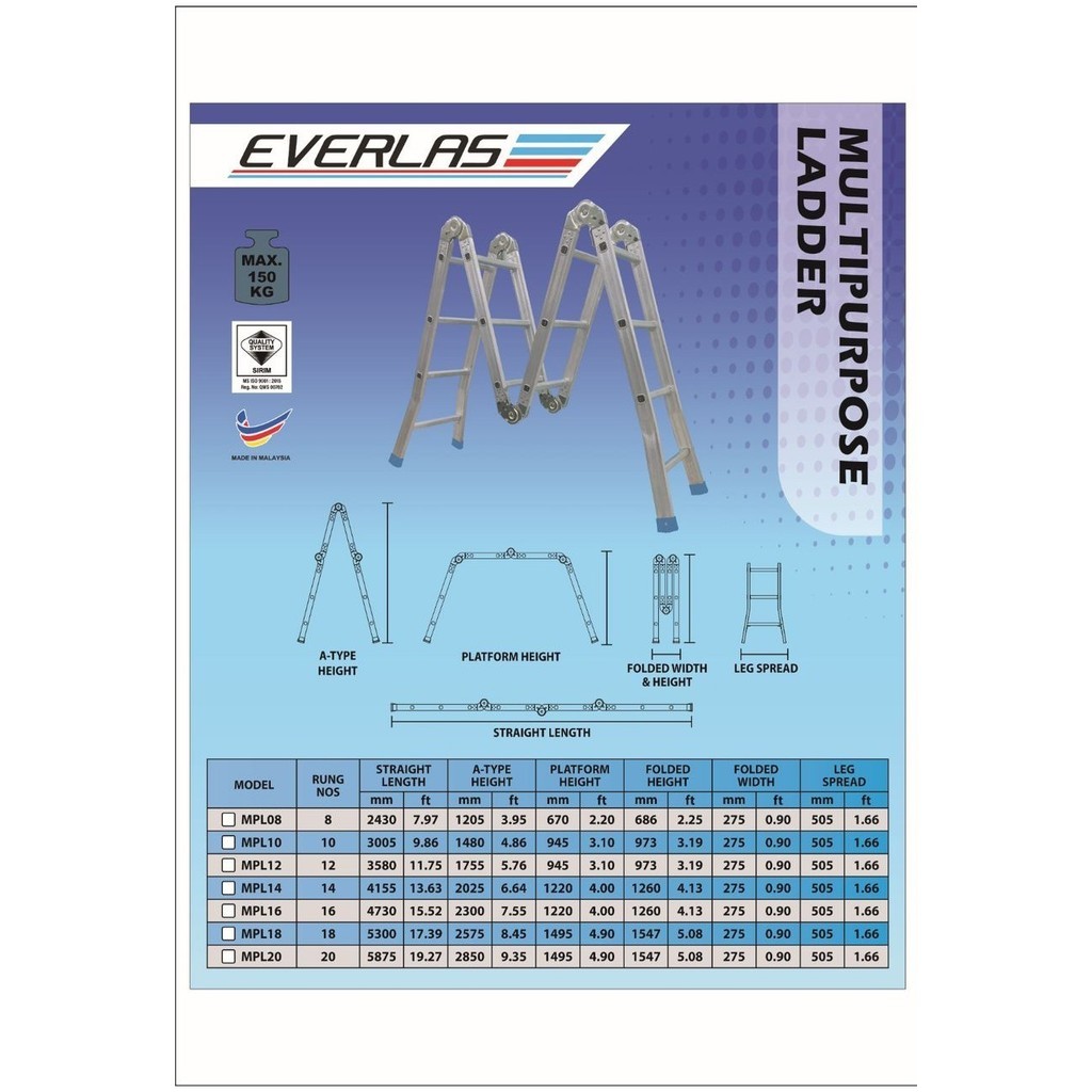 EVERLAS Tangga Lipat 16/18/20 steps Aluminium Multi Purpose Ladder ...
