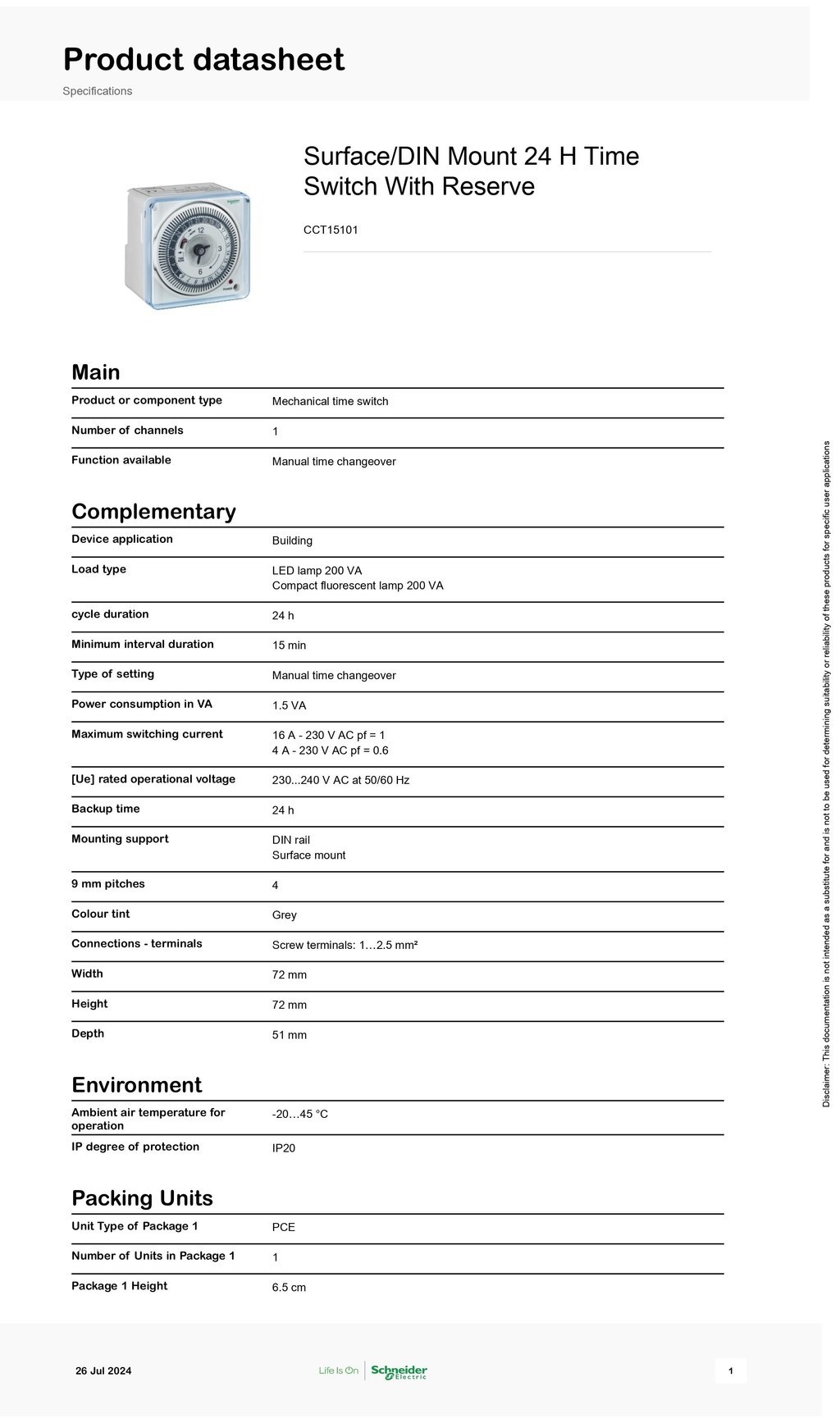 Schneider Electric CCT15101 16A 24 Hours Analog Time Switch with ...