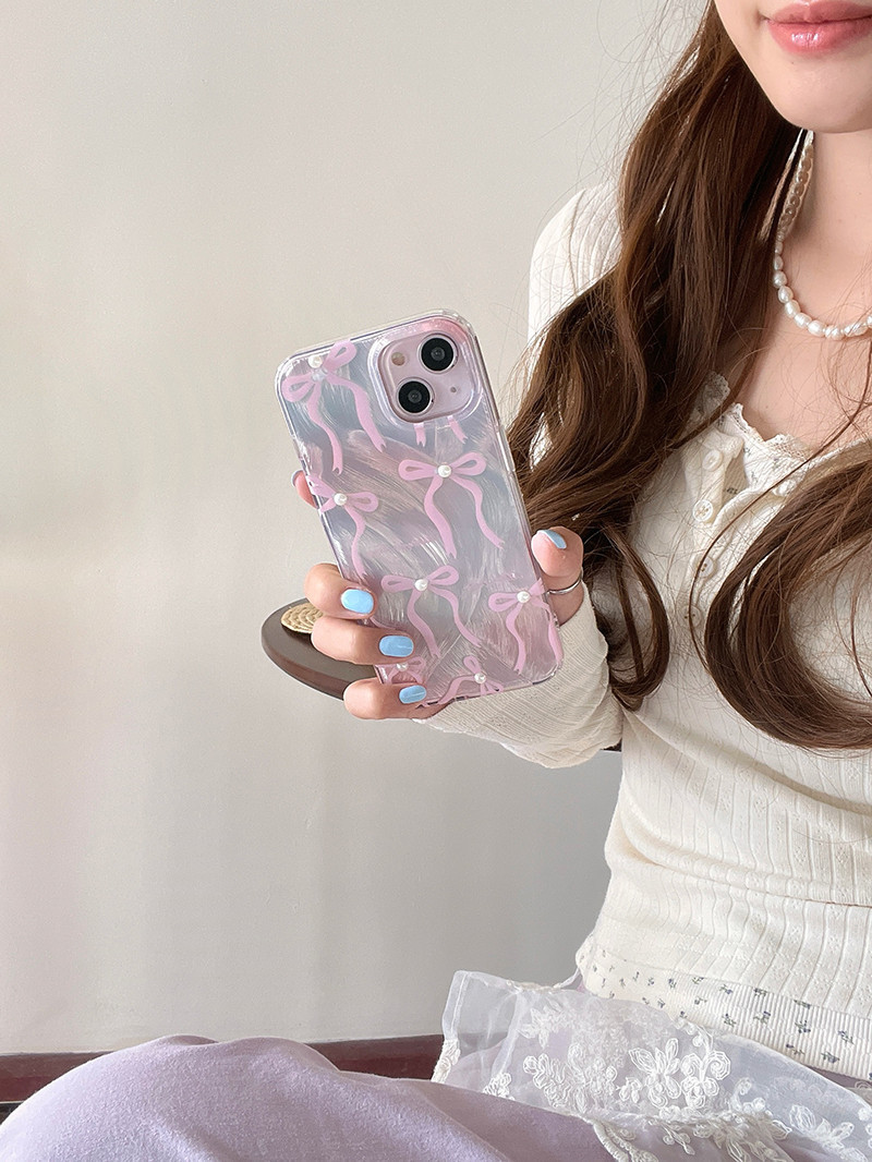 INS Pearl Bowknot Feather Yarn Phone Case Compatible for iPhone 16 15 ...
