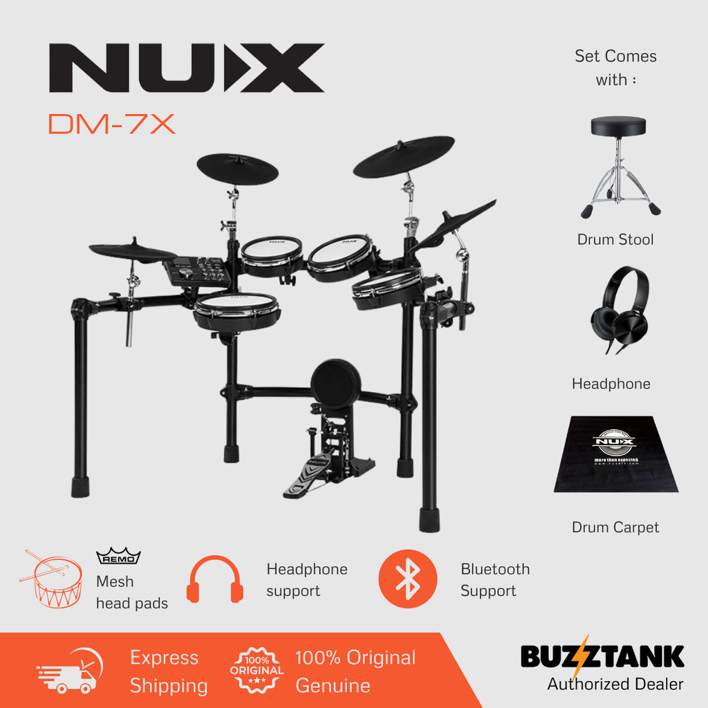 NUX DM-7X 5 Piece Full Mesh Digital Electronic Drum Set Head by Remo ...