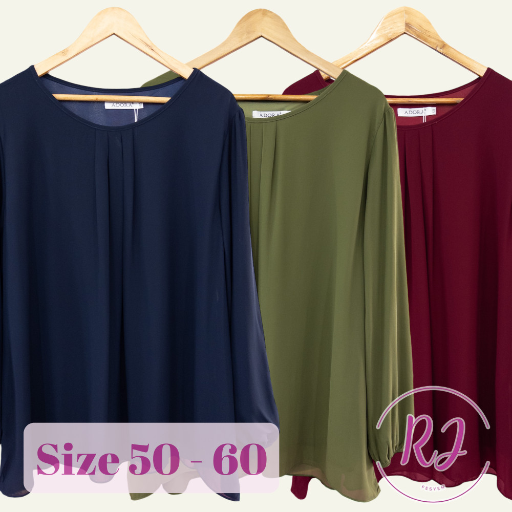 [Plus Size 50-60] Blouse Adora Chiffon Plain Long Sleeve / Blaus Sifon Tangan Bercerut Lengan ...