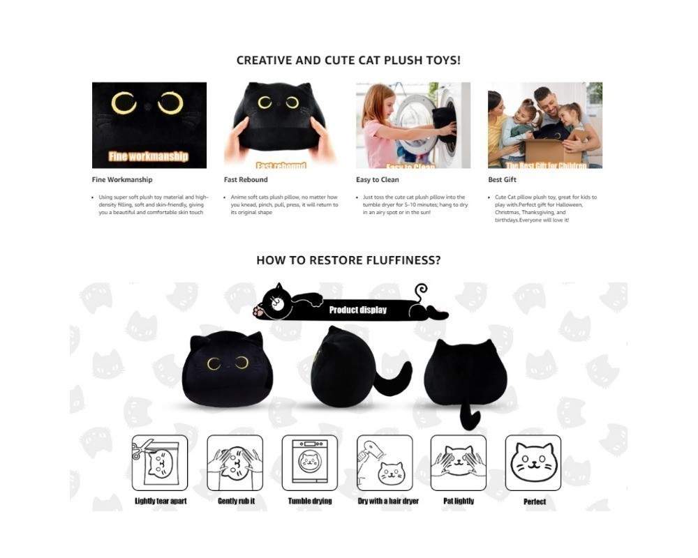 Patung Kucing 30cm Black Cat Plushie Pillow Cushion Cartoon Cute Cat ...