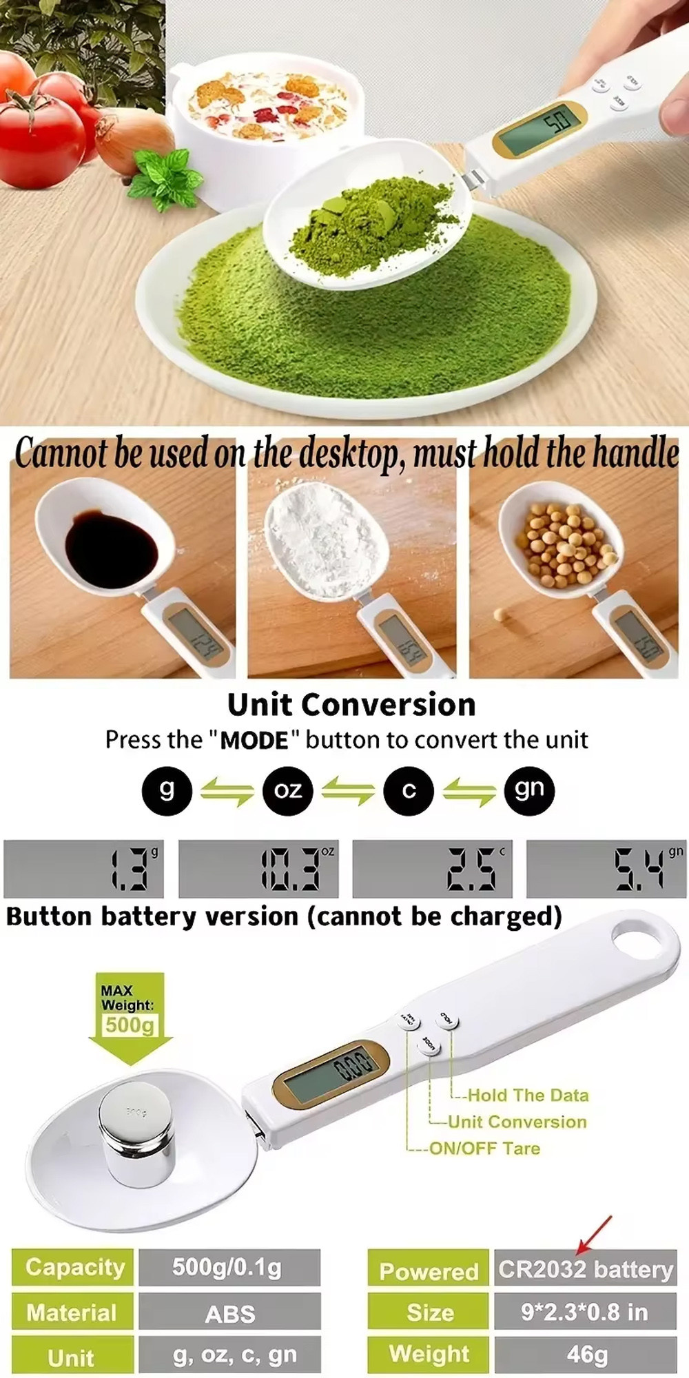 Kitchen Weighing Scales Digital Spoon Scale Measuring Spoon Weight 500g ...