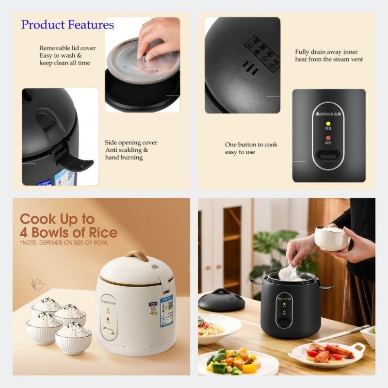 CHIGO 2 IN 1 Mini Rice Cooker electric caldronwith Non-stick Pot and ...