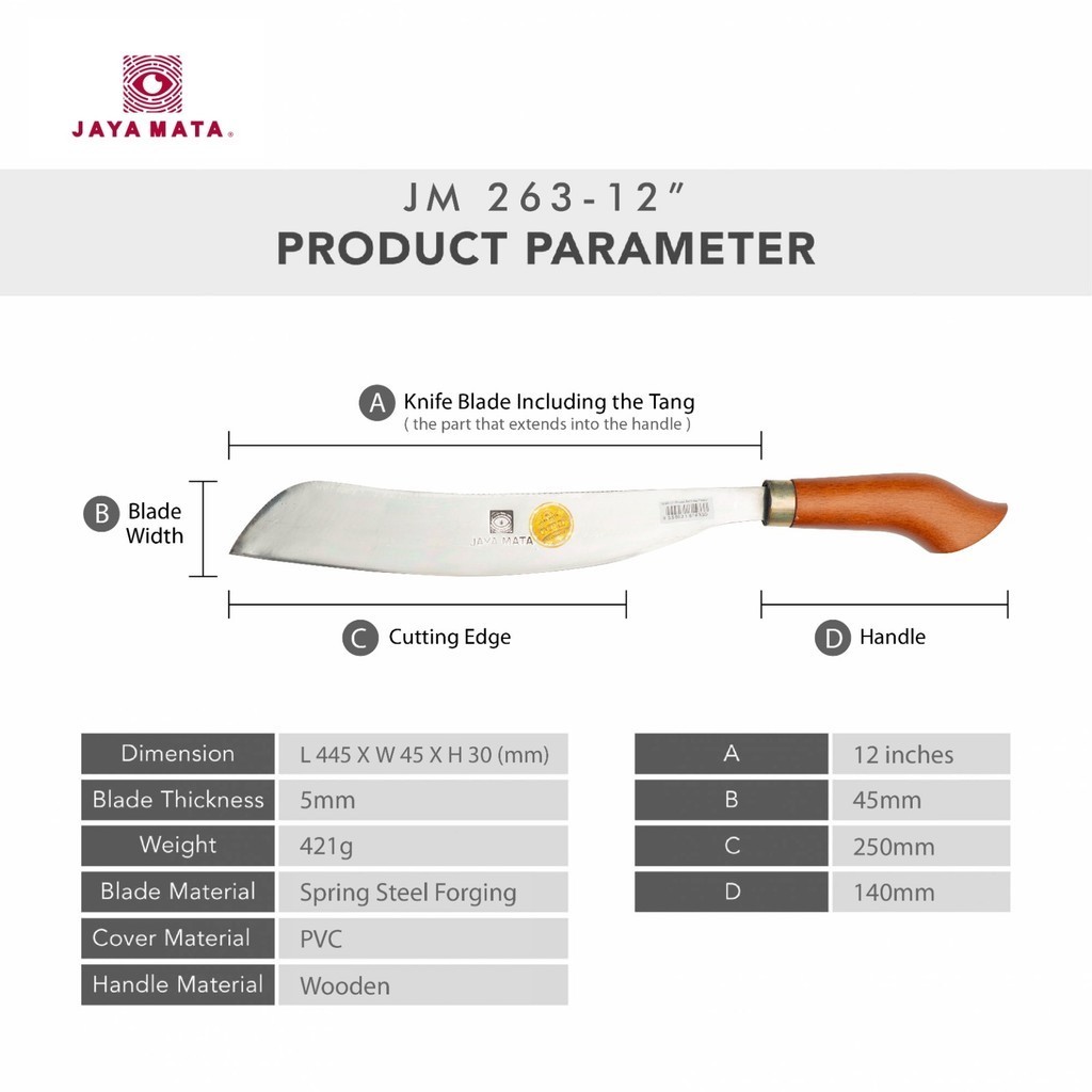 Jaya Mata 12" or 14" Wooden Handle Malay Agriculture Knife with Cover ...