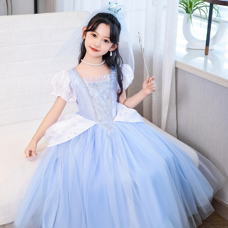 Princess Cinderella Light Blue Dress For Kids Girl Short Sleeve Mesh ...