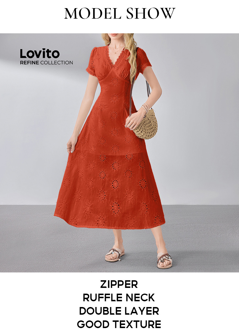 (Lovito Refine) Elegant Dress Zipper Ruffle Neck Double Layer Spring ...