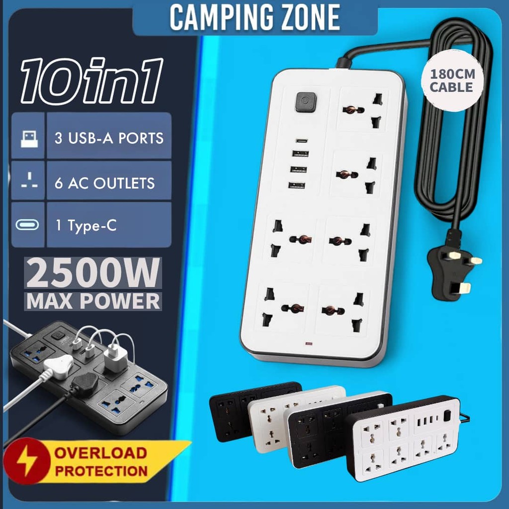 Malaysia 3 Pin Plug Power Strip Extension With 6 Sockets 3 USB Type-C ...