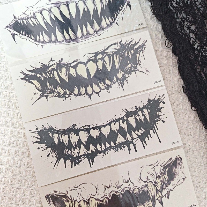 Halloween Temporary Face Tattoo Stickers Scary Big Mouth Skull Teeth ...