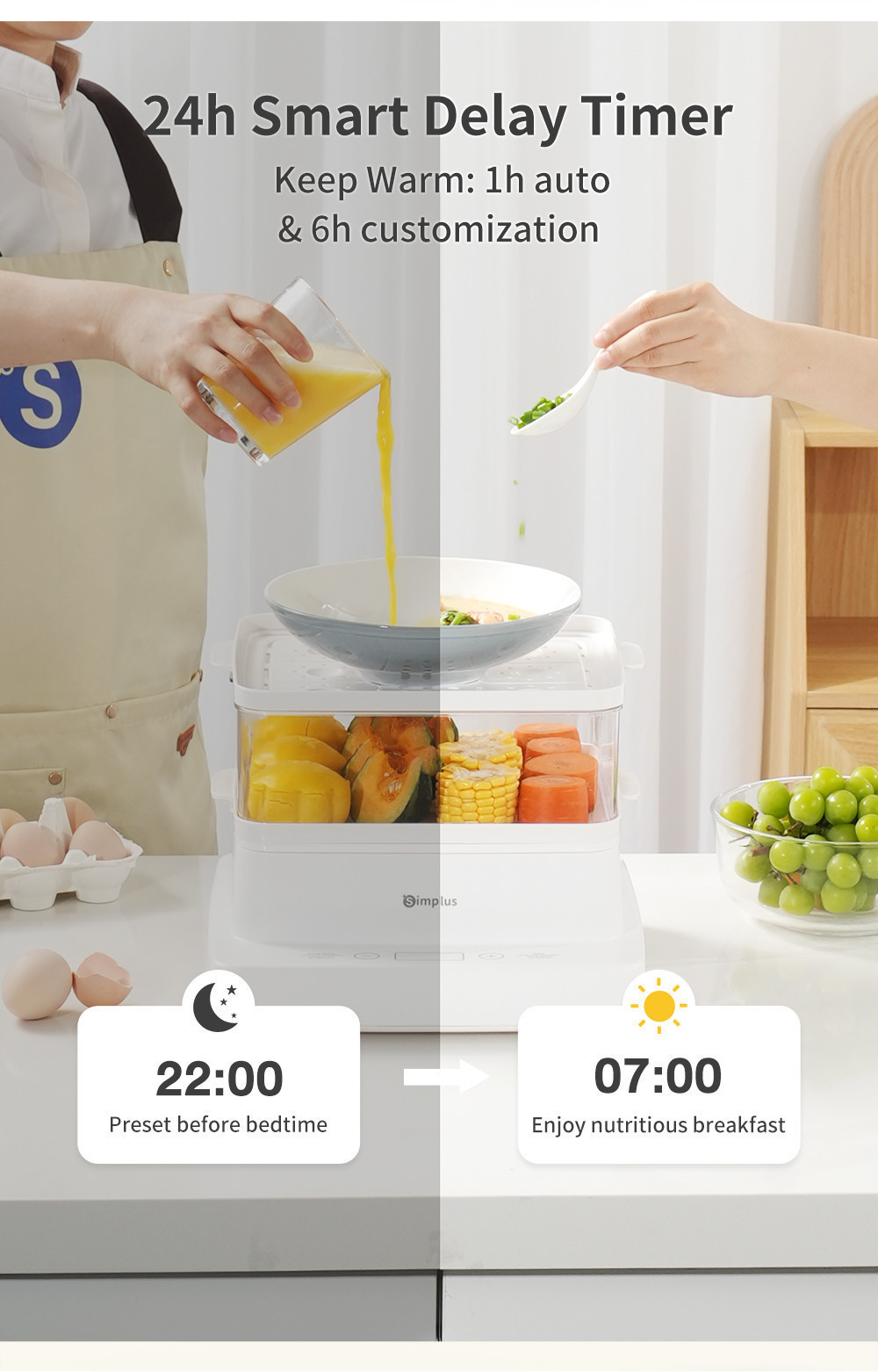 Simplus Electric Food Steamer | 3-Tier 14L Capacity | 1200W High Power ...
