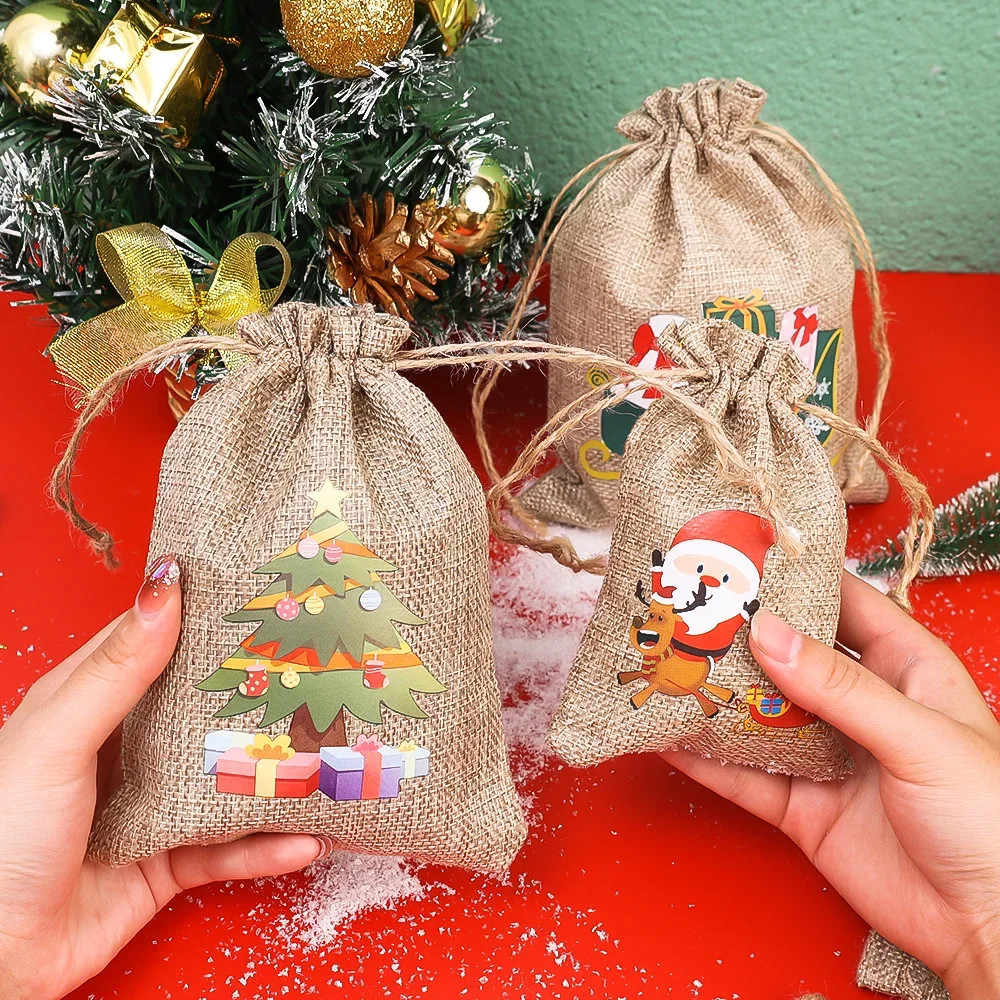 10PCS Christmas Linen Drawstring Bags - Xmas Candy Snack Packaging Bags ...