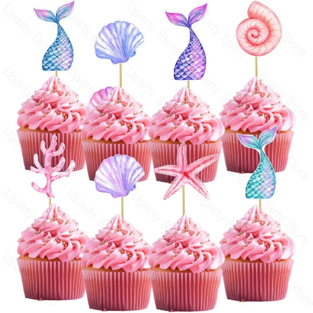 19Pcs Mermaid Cake Toppers Blue Pink Purple Shell Memaid Tail Cupcake ...