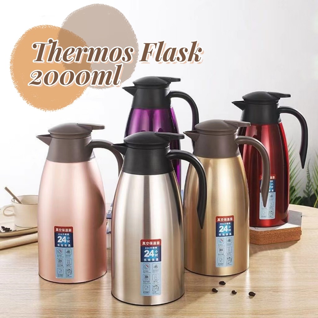 (2L) Thermos Flask With Press Button Stainless Steel 304 Vacuum Insulated Double Layer Water Jug ...