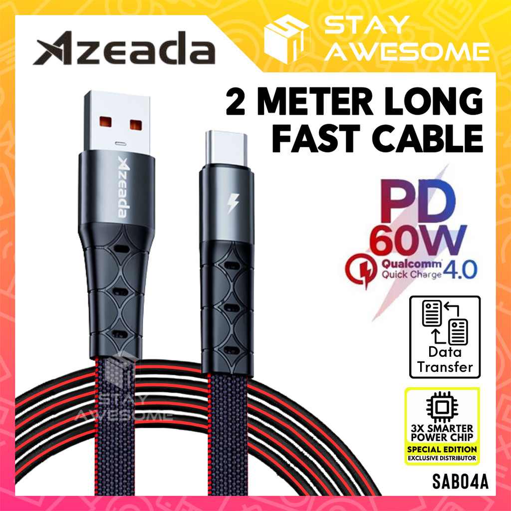 AZEADA Fast Charging PD 60W Original Super Long 2M Cord USB A To Type C ...