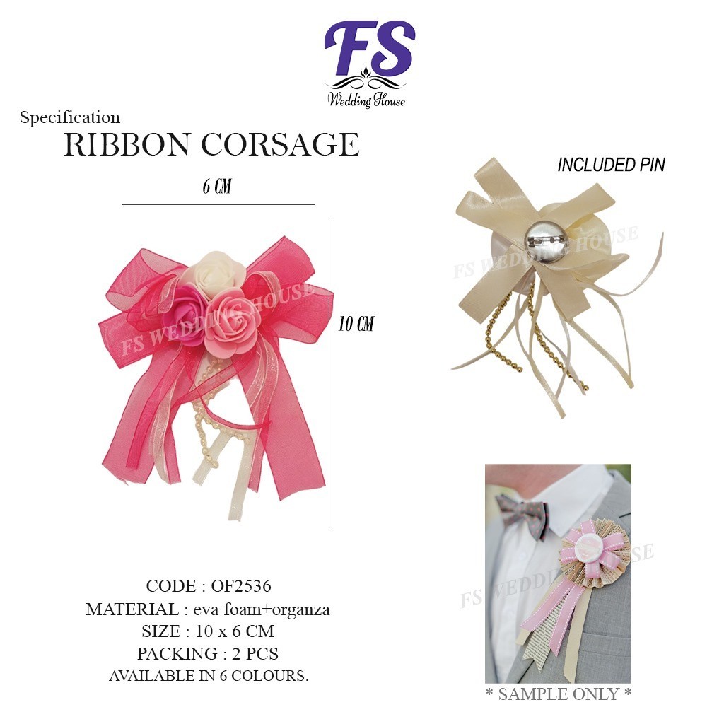 2 PCS - RIBBON CORSAGE/FLOWER CORSAGE WITH SAFTEY PIN/BUNGA ROZEK/BUNGA ...