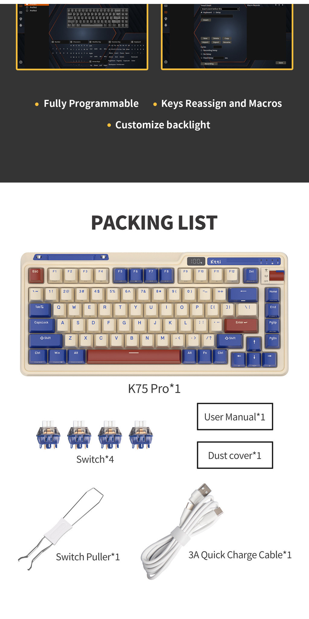 KZZI Kezhi K75 Pro Wireless Three-Mode Mechanical Keyboard Gasket ...
