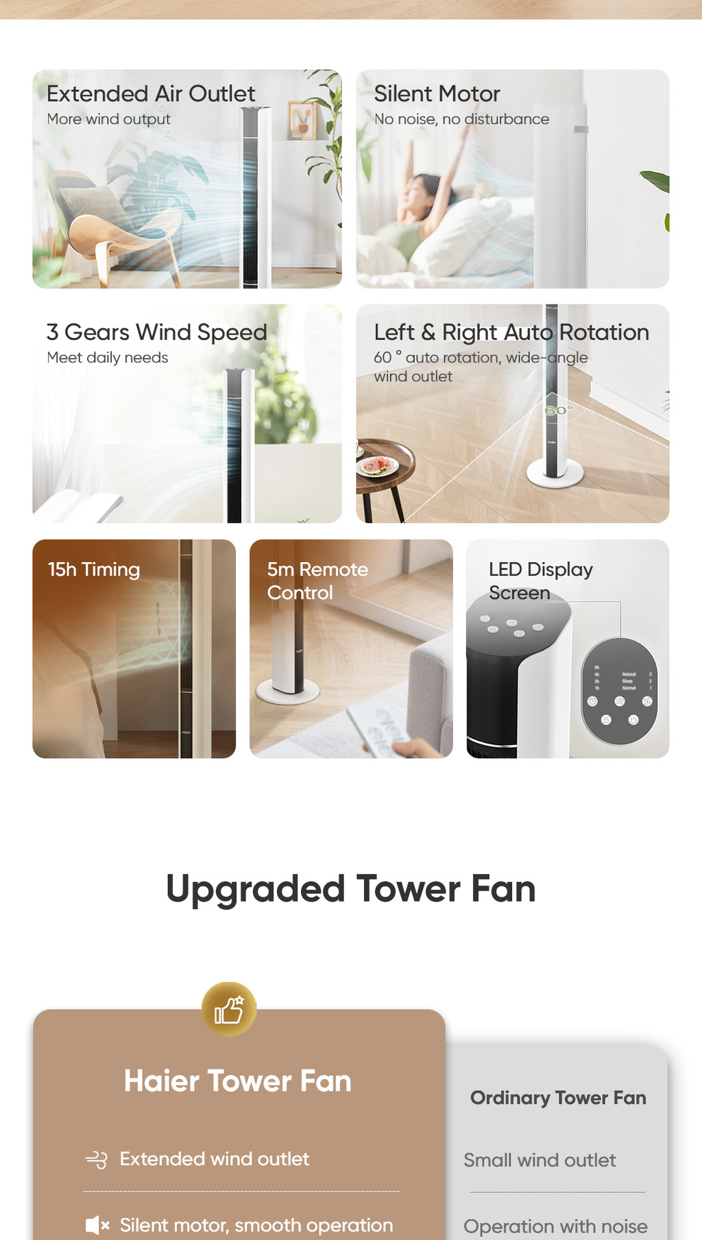 Haier Electric Tower Fan with LED Touch Control 15H Timer Cooling Stand ...