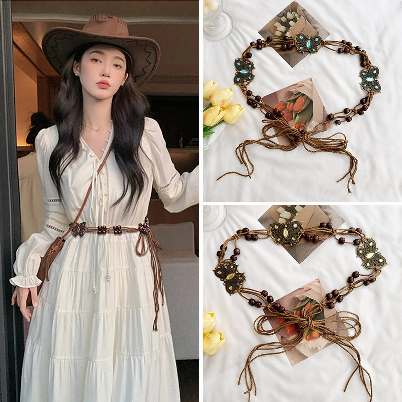 Bohemian Ethnic Style Belts Wooden Bead Waist Rope All-match Y2K Wax ...