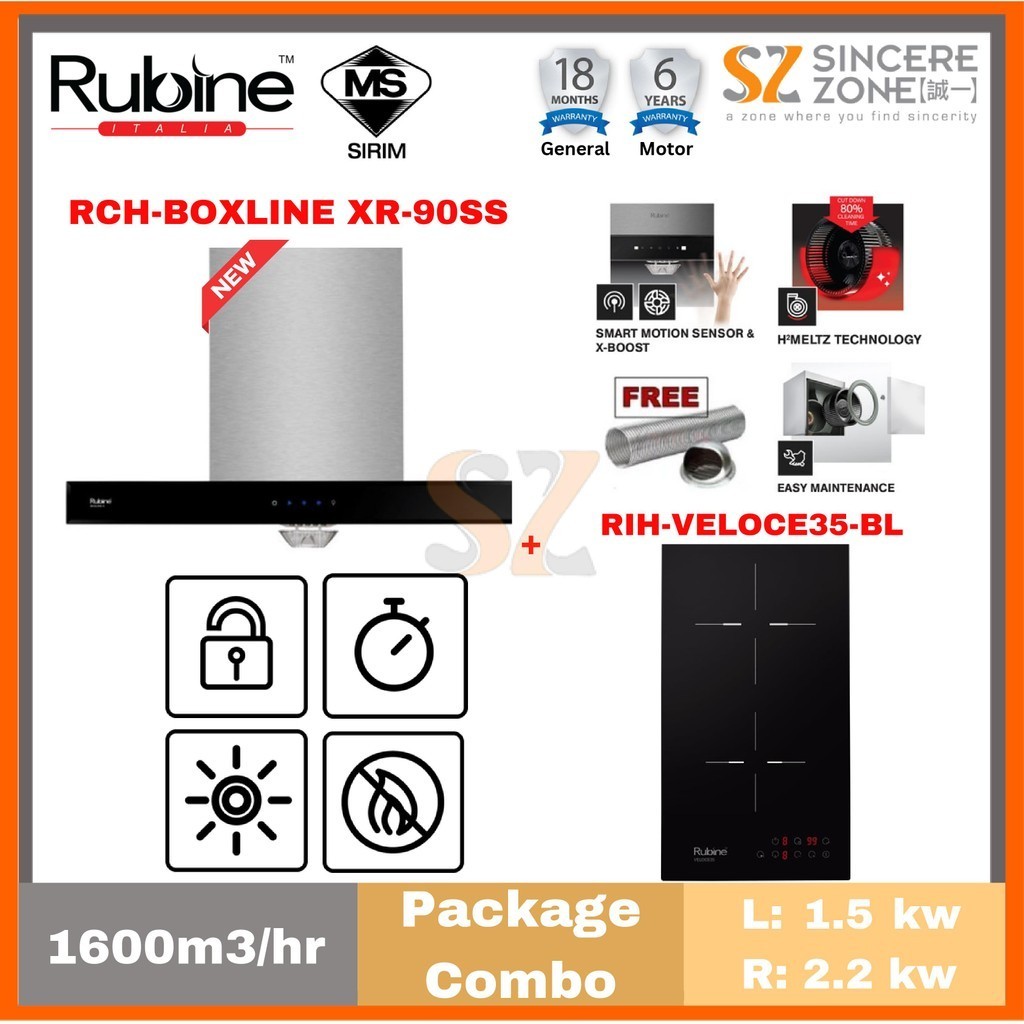 Rubine RCH-BOXLINE XR90-SS Cooker Hood 1600 m³/hr Suction Power + RIH ...