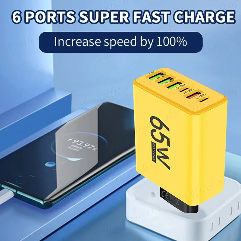 65W Fast Charging Travel Conversion charger USB C 6 Ports For EU/US/UK ...