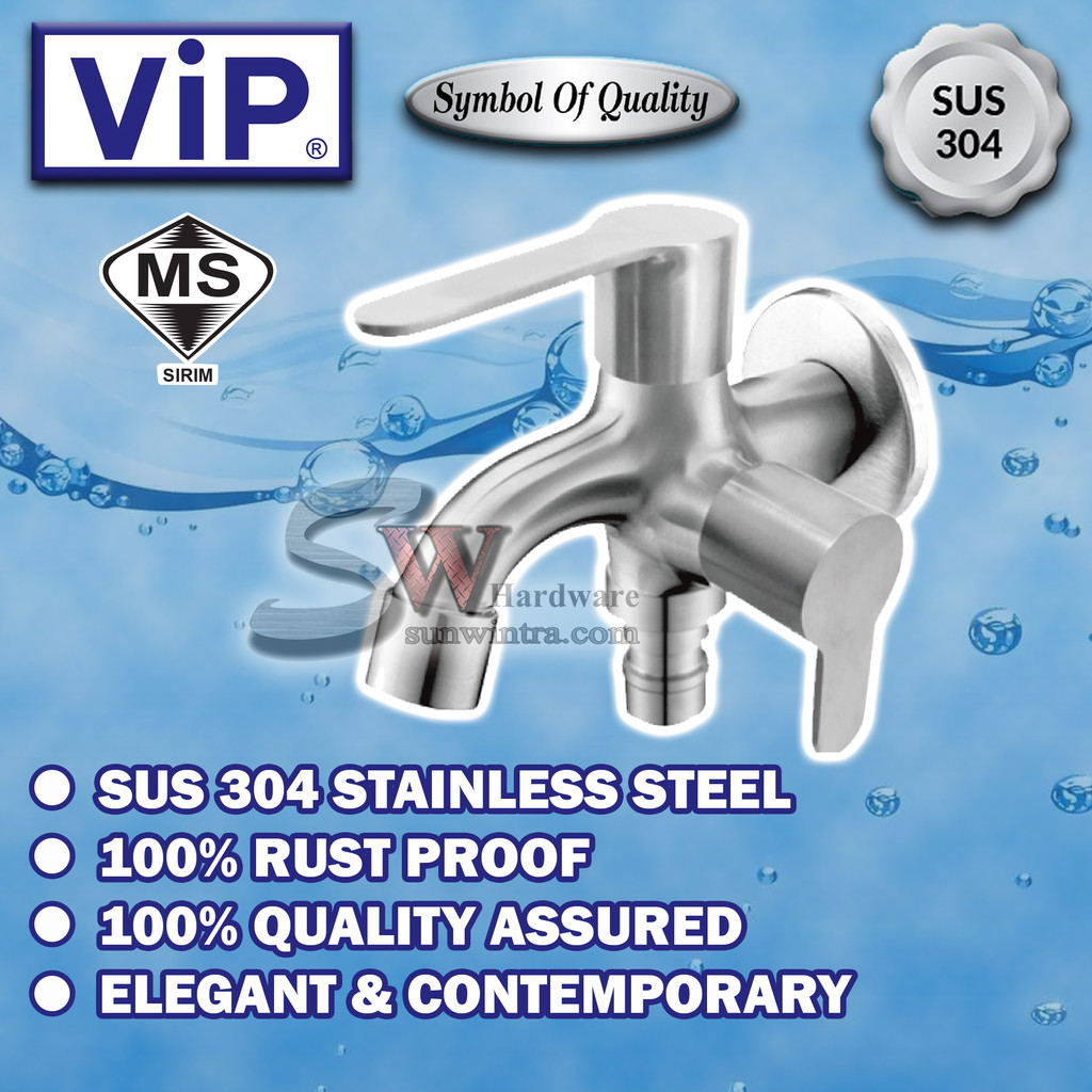VIP SUS304 STAINLESS STEEL WALL TYPE 2-WAY BIB TAP #SS-2222 SS2222 TWO ...