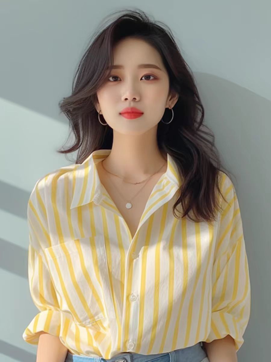 Yellow White Vertical Stripe Women's Blouse Loose Long Sleeved Urban Women's Shirt | Shopee Malaysia