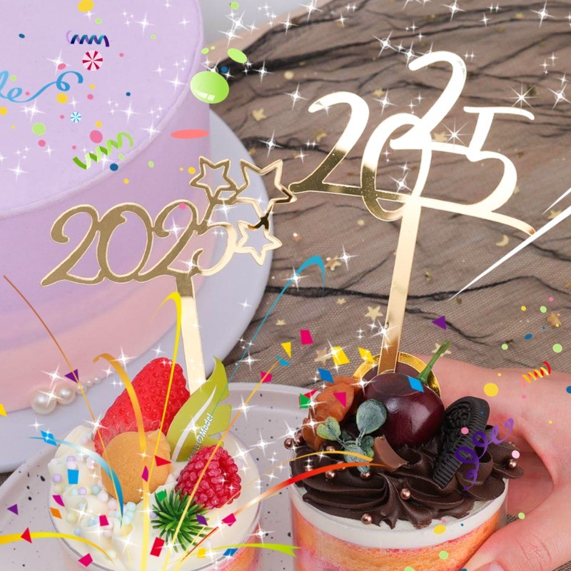 4Pcs 2025 New Year Cake Toppers - Xmas Cupcake Topper - Glitter Number ...