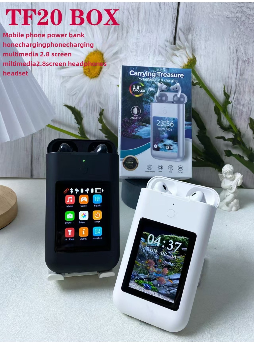 TWS earphones new Bluetooth TF20 power bank 2.8-inch screen charger ...