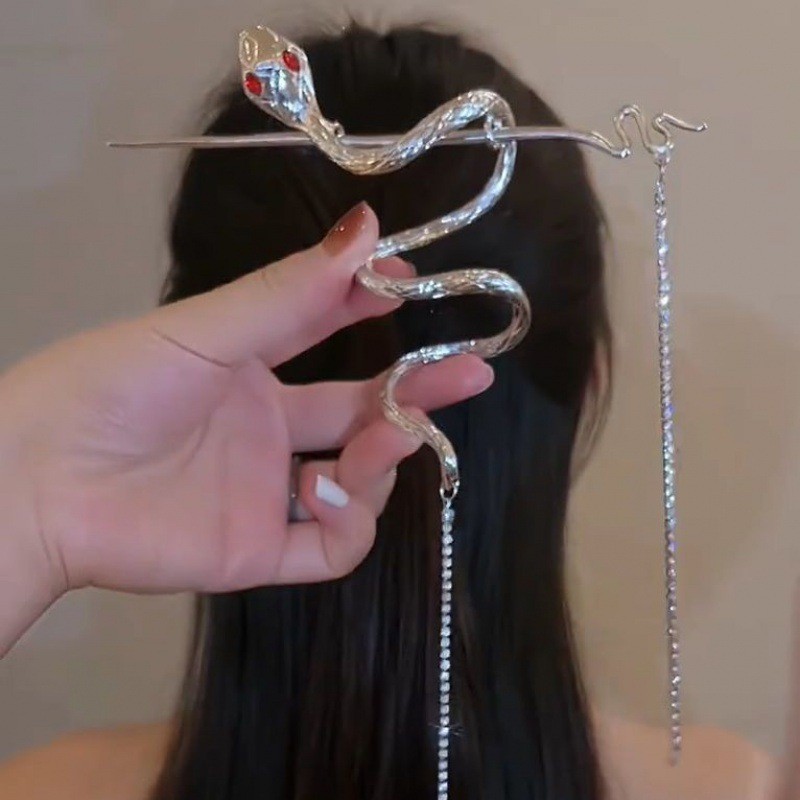 Chinese Style Silver Snake Hairpin for Women Cool Ponytail with Coiled ...