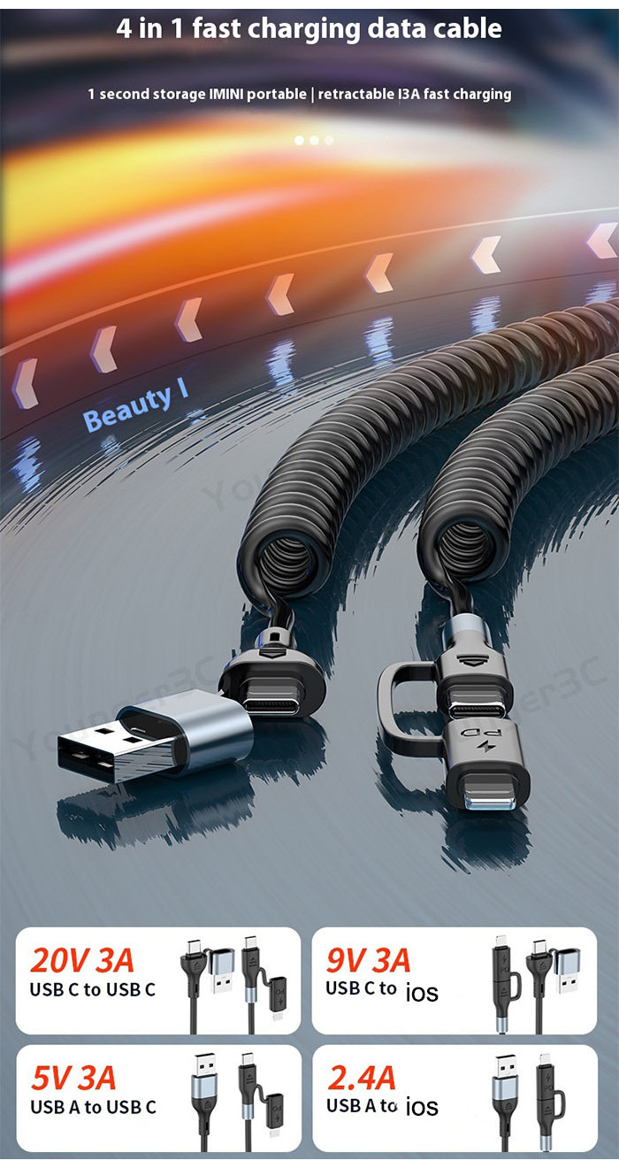 PD60W fast charging 4 in 1 car charger Spring telescopic data cable for ...