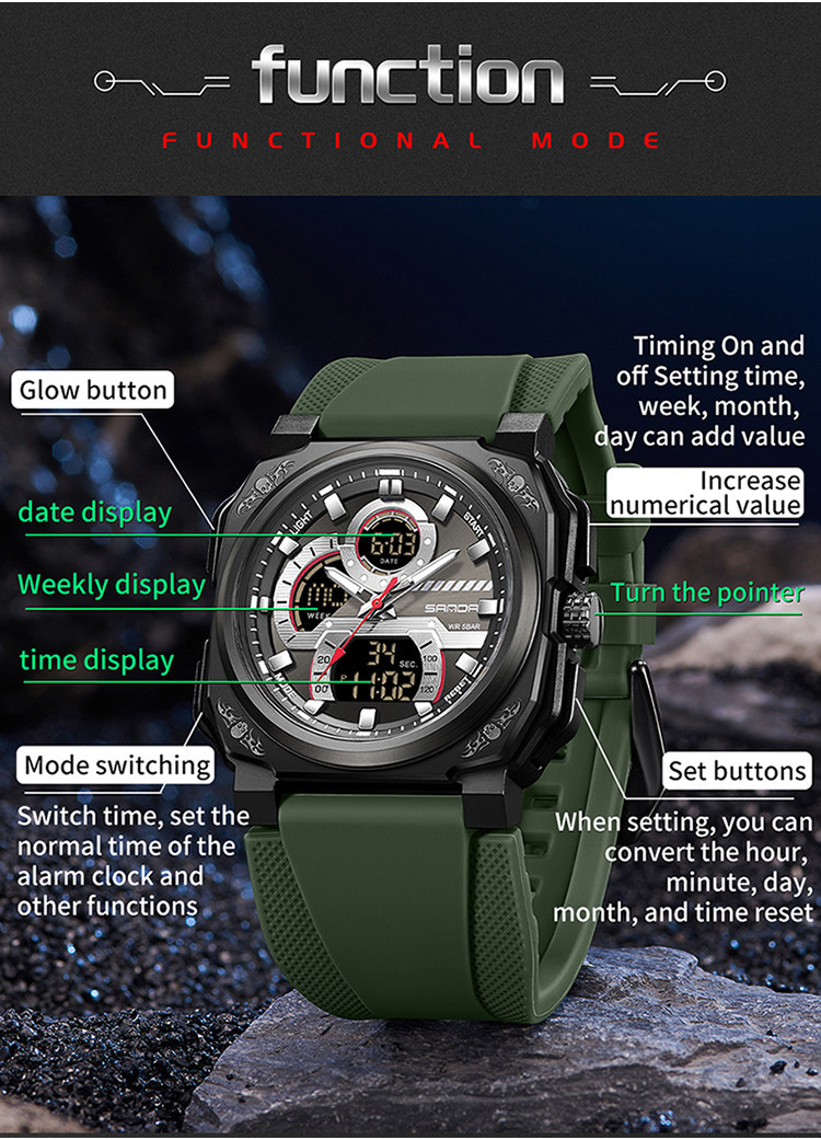 SANDA Square Dial Carved Pattern Personality Cool Sports Waterproof ...