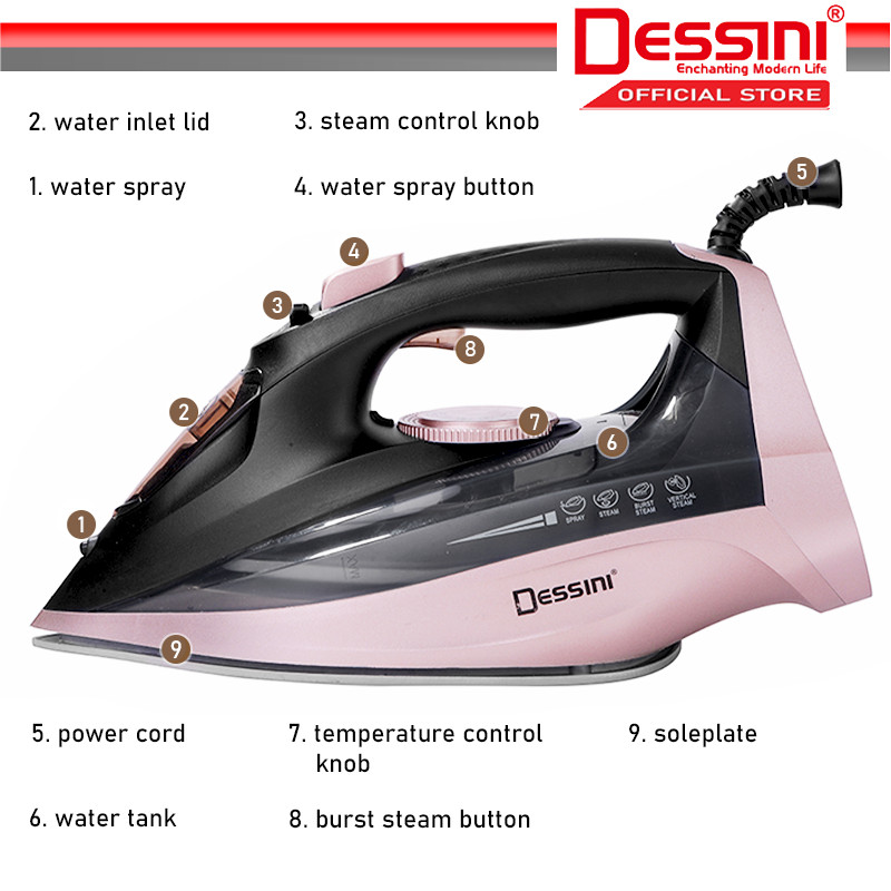 DESSINI ITALY Electric Ceramic Soleplate Garment Steam Iron Sprayer ...