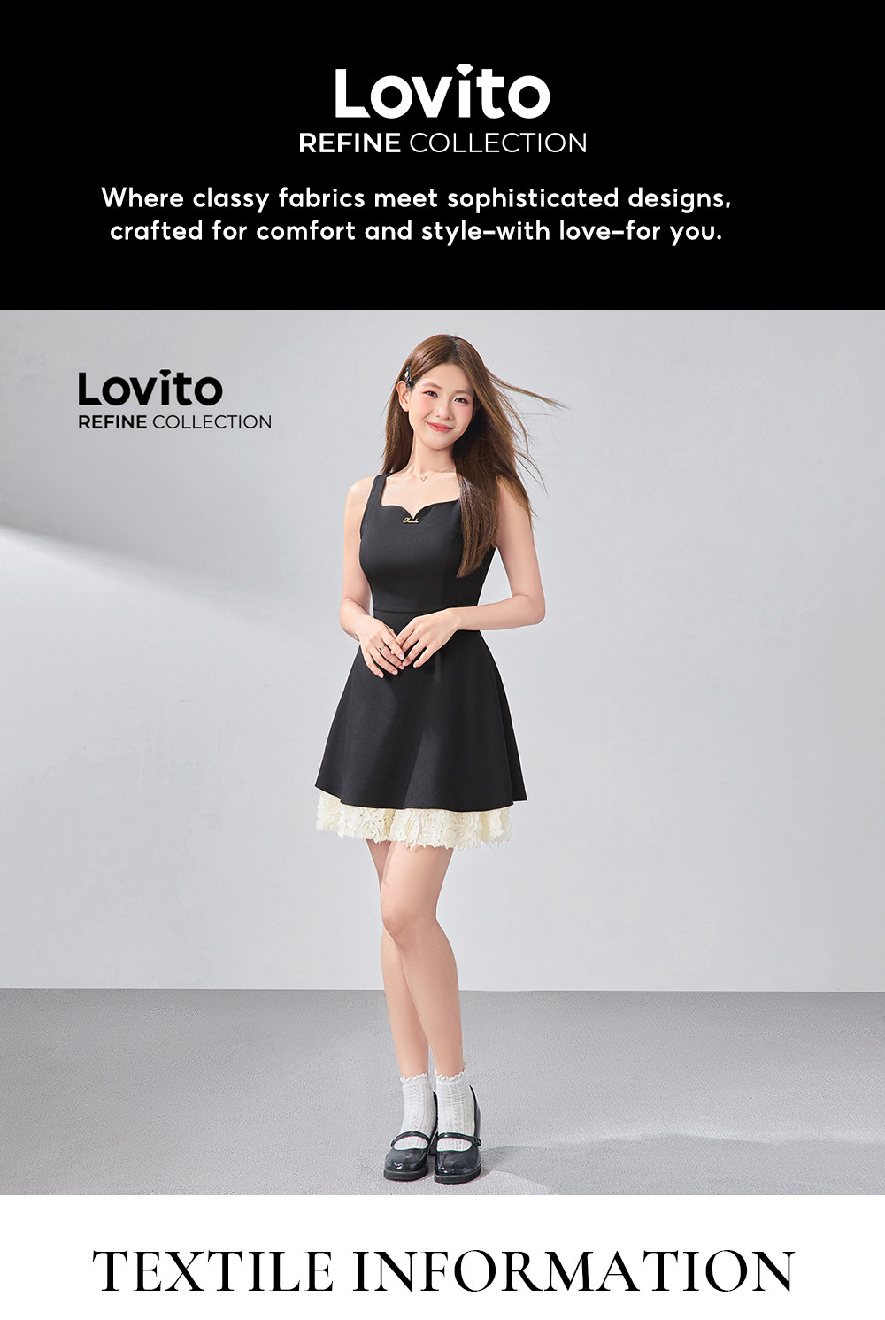 (Lovito Refine) Casual Dress Fake 2-in-1 Draped Spring/summer Black ...