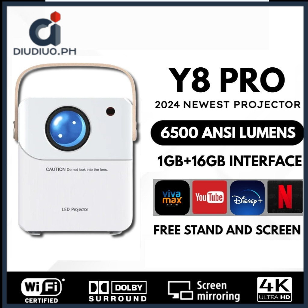 Projector Y8 pro Portable Smart Mini 6000 Lumens HD 1080P 4K WiFi LED ...